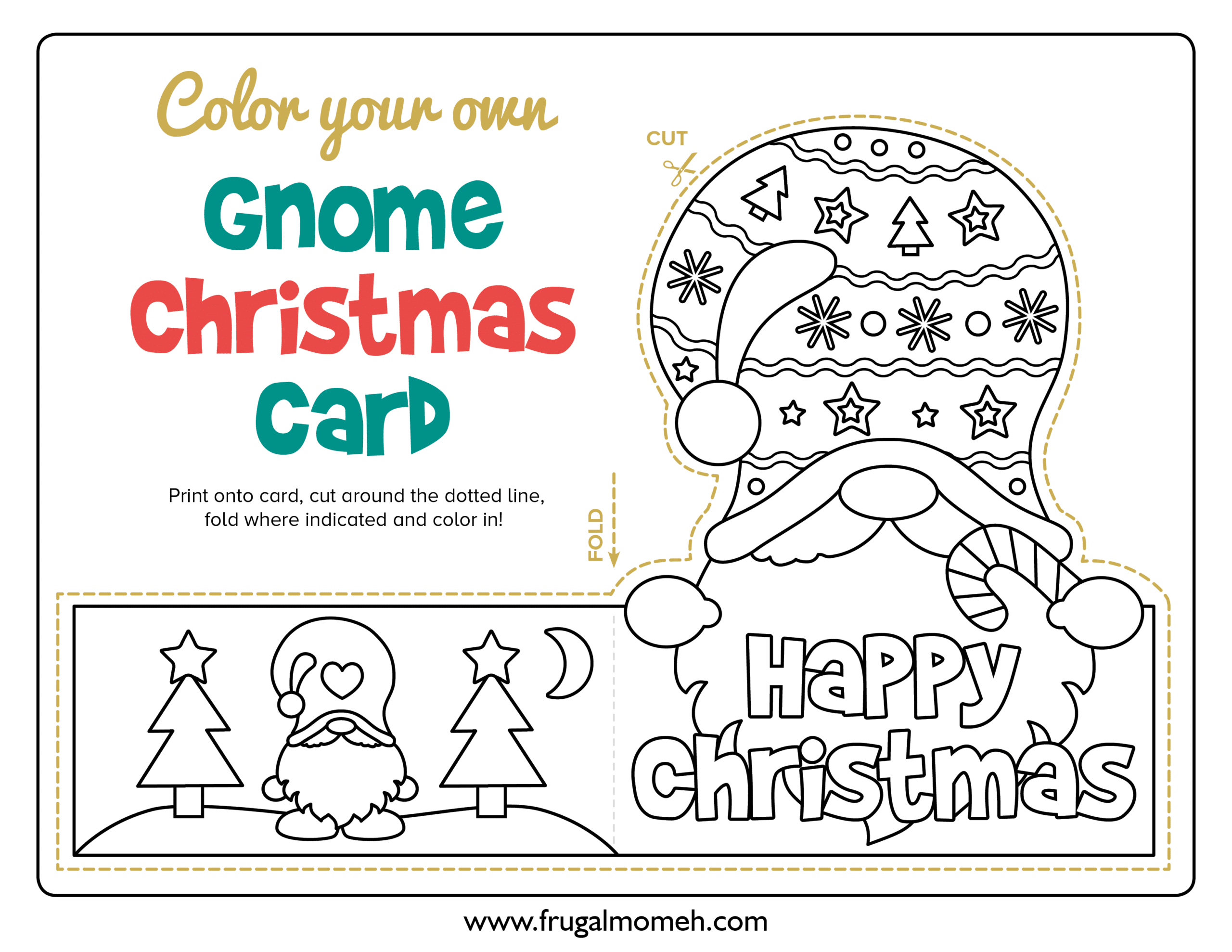 Free Printable Gnome Christmas Cards - Colouring Page - Frugal Mom Eh!